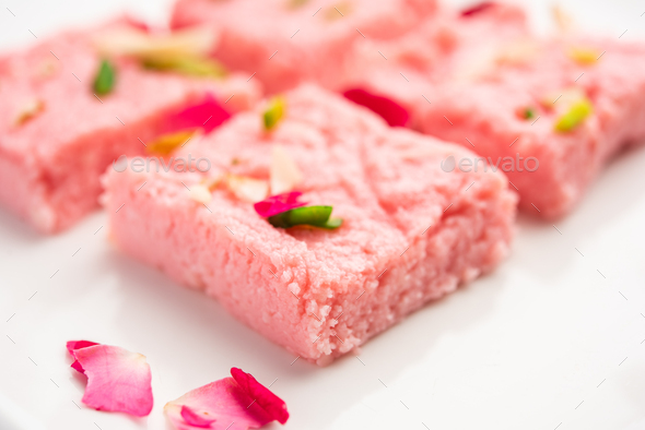 Rose Kalakand pink barfi or burfi also known as flavoured Mishri Mava ...