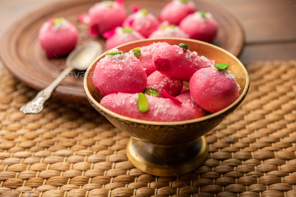 Pink Chumchum or rose flavoured chum chum or cham cham, indian and ...