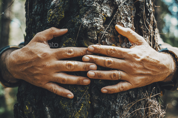 Close up of people hands hugging a trunk tree with love and protection ...