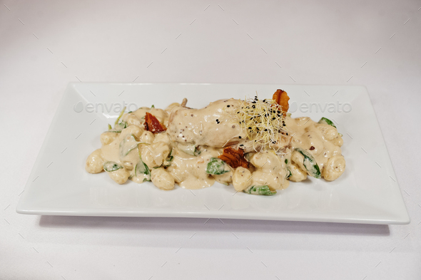 View on white background of salad with meat. Healthy food, diet lunch ...