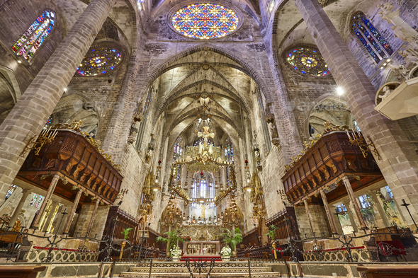 Palma de Mallorca cathedral apse and rose window. Spanish heritage ...