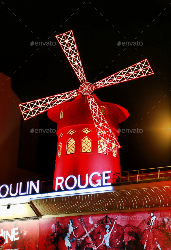 View of the Moulin Rouge (Red Mill) at night in Paris, France Stock ...