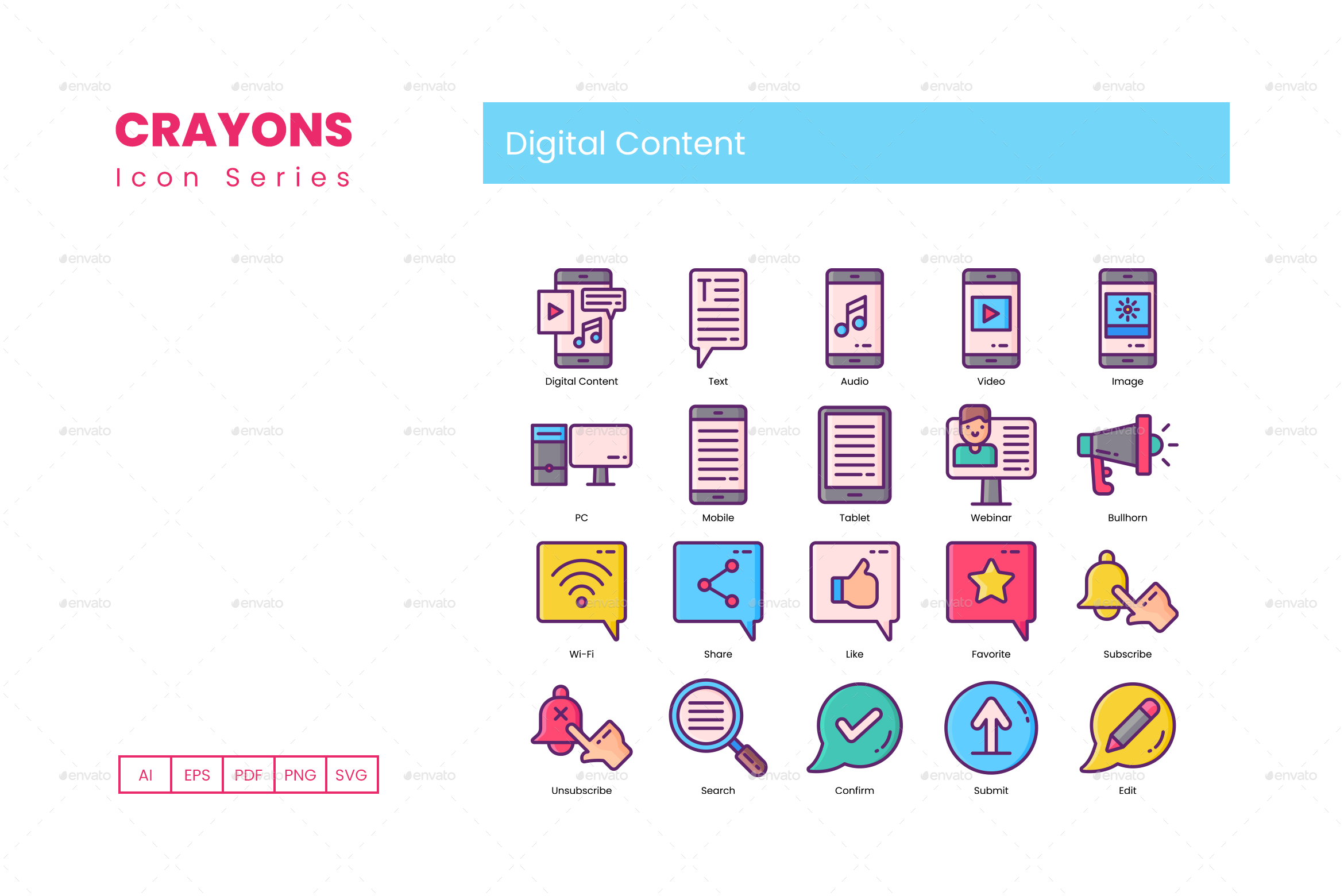 78 Digital Content Icons | Crayons Series, Icons | GraphicRiver