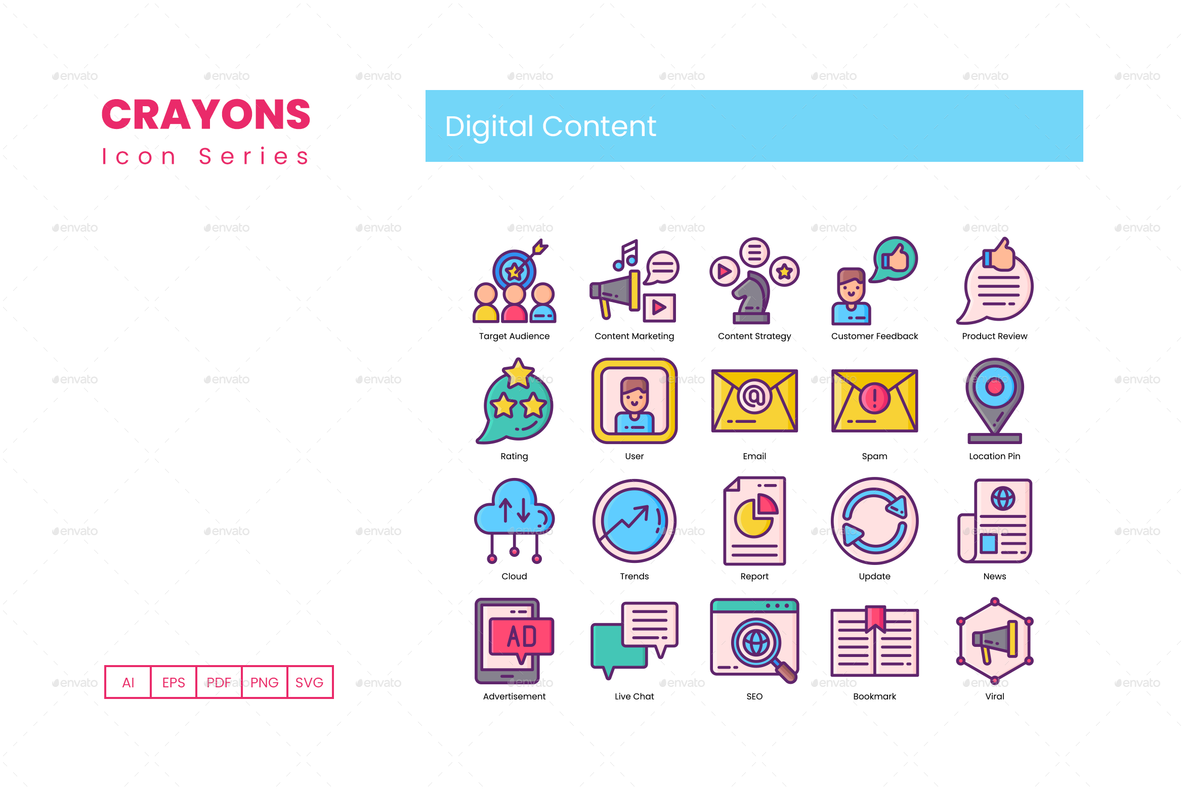78 Digital Content Icons | Crayons Series, Icons | GraphicRiver