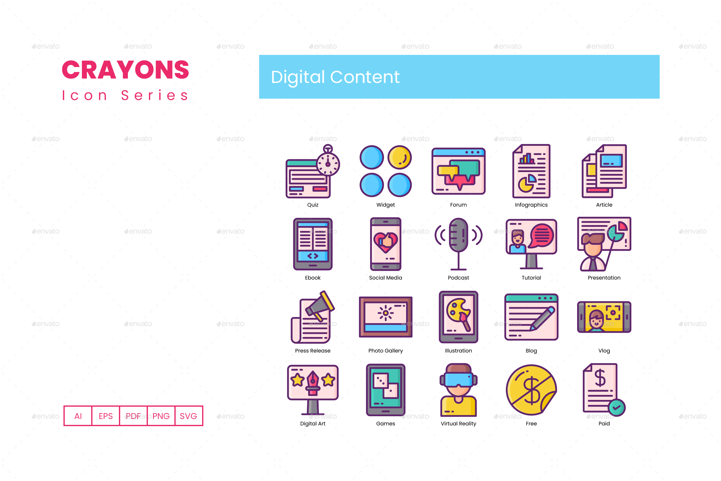 78 Digital Content Icons | Crayons Series, Icons | GraphicRiver