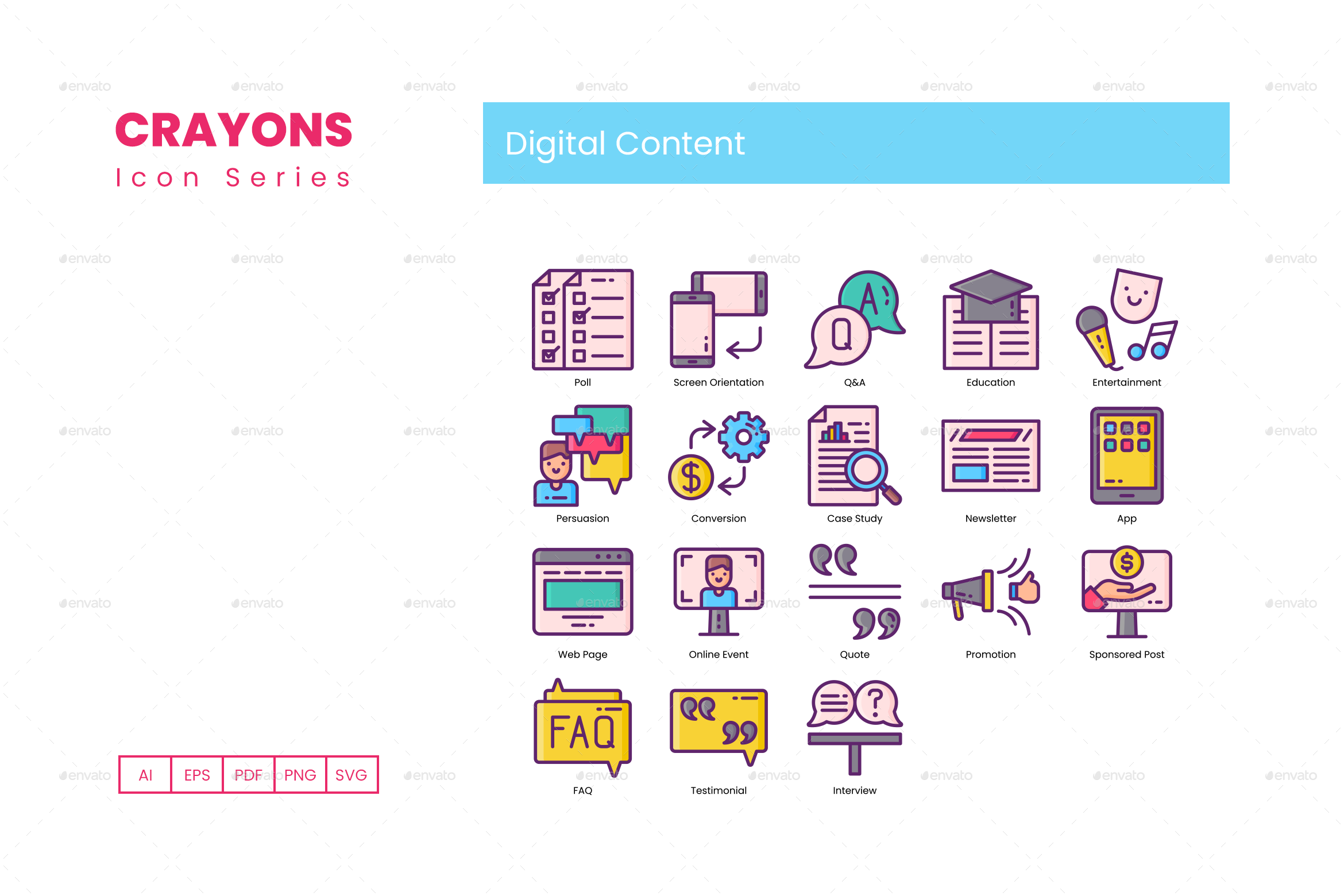 78 Digital Content Icons | Crayons Series, Icons | GraphicRiver