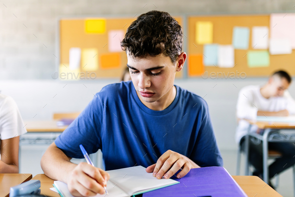 Male pupil student studying at desk in school classroom Stock Photo by ...
