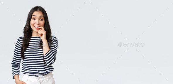 Lifestyle, people emotions and casual concept. Shy cute young asian ...