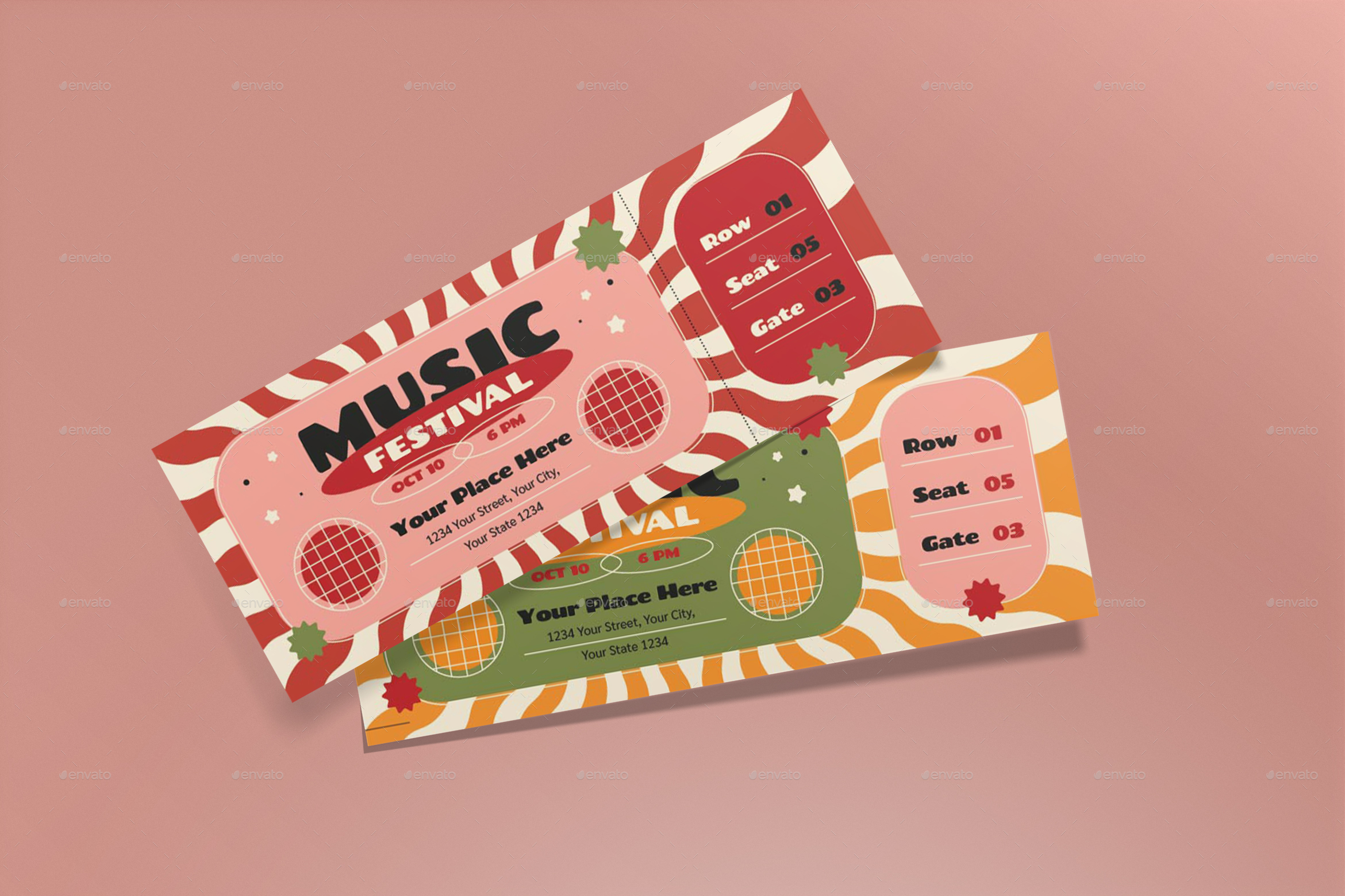 Red Groovy Music Fest Ticket, Print Templates | GraphicRiver