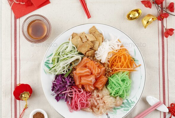 Colorful Display of Chinese Prosperity Cuisine, Yee Sang, Yu Sheng, or ...