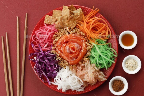 Colorful Display of Chinese Prosperity Cuisine, Yee Sang, Yu Sheng, or ...