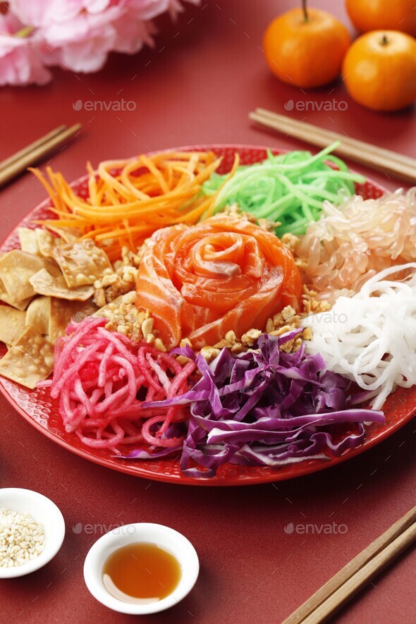 Colorful Display of Chinese Prosperity Cuisine, Yee Sang, Yu Sheng, or ...