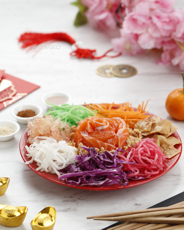 Colorful Display of Chinese Prosperity Cuisine, Yee Sang, Yu Sheng, or ...