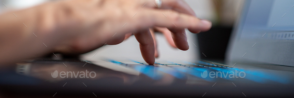 Female fingers typing glowing laptop computer Stock Photo by Gajus-Images