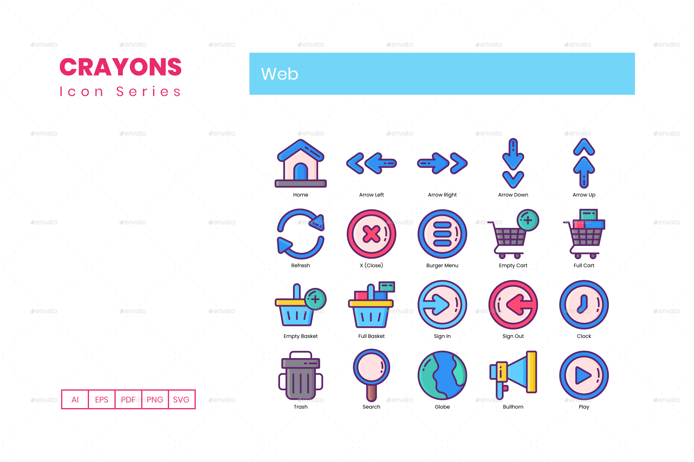 60 Web Icons | Crayon Series by Krafted | GraphicRiver