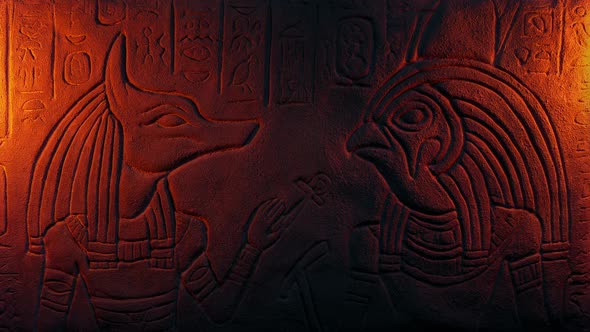 Ancient Egypt Wall Carving Lit Up With Fire, Stock Footage | VideoHive