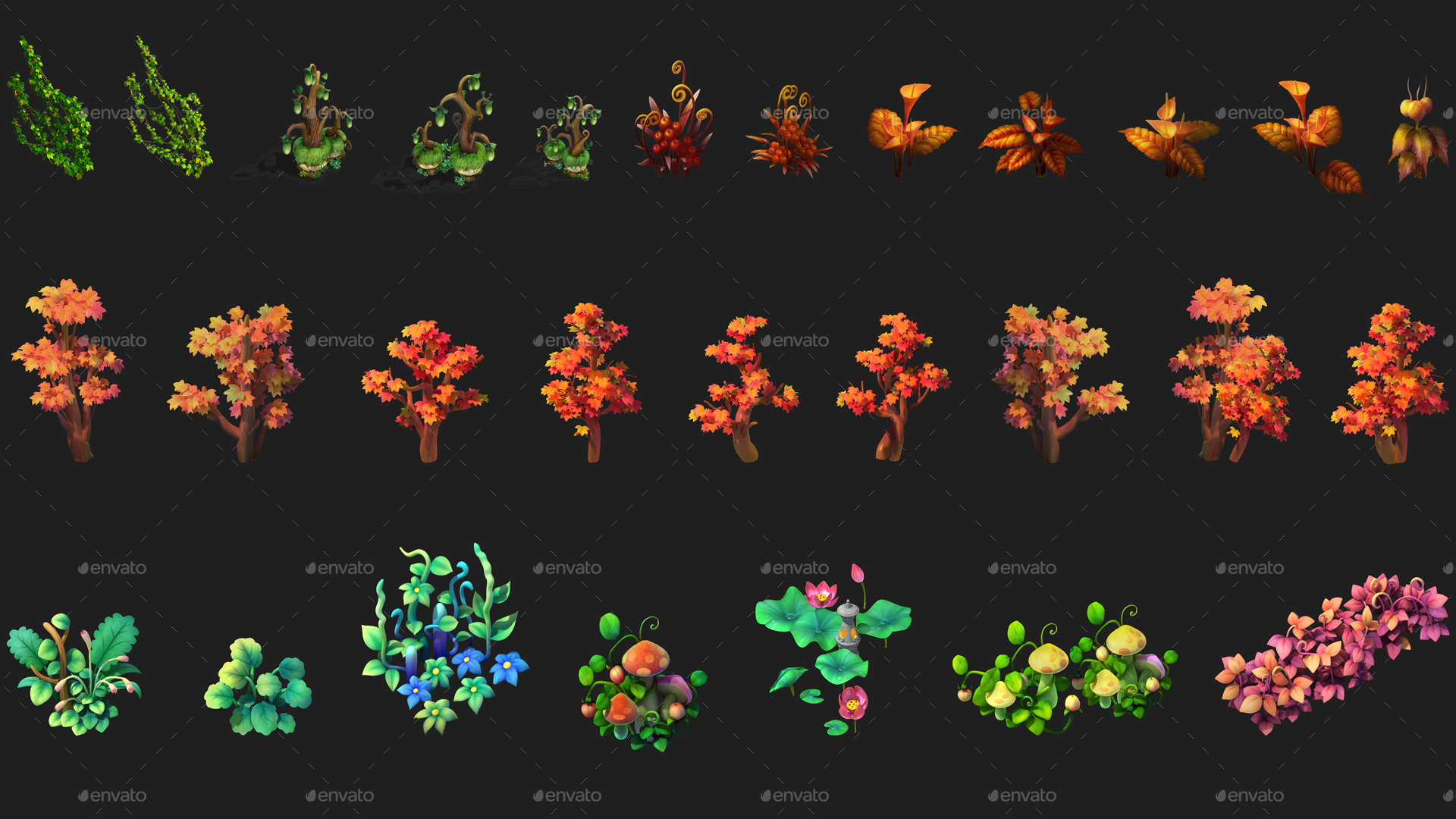 Fantasy Tree Plant Grass Flowers Nature Background Game Assets, Game Assets