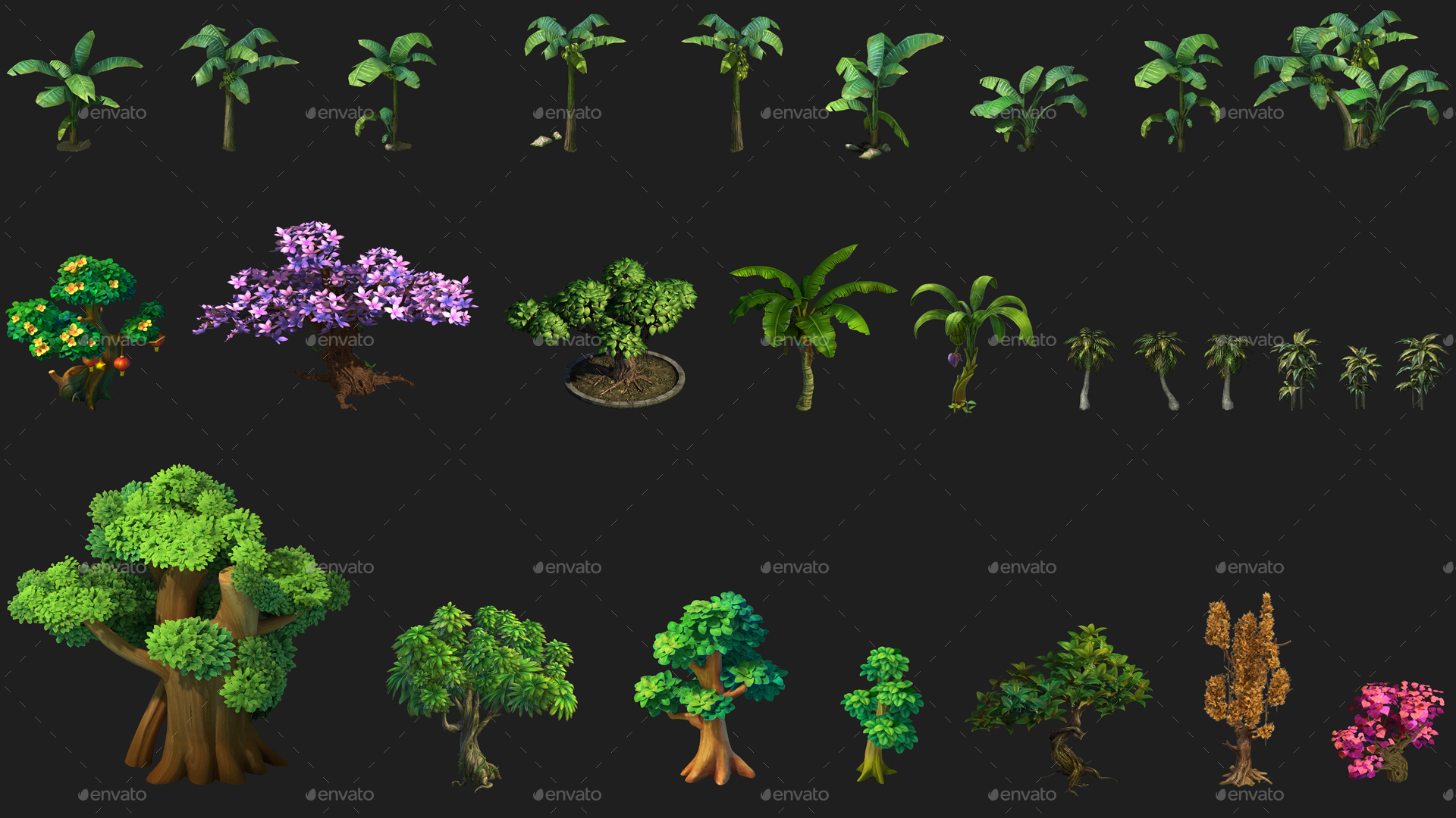 Fantasy Tree Plant Grass Flowers Nature Background Game Assets, Game Assets