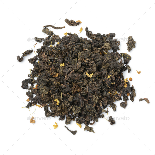 Heap of Gui cha Osmanthus dried tea leaves on white background close up ...