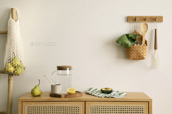 Interior design of kitchen space with rattan commode, chair, Stock ...
