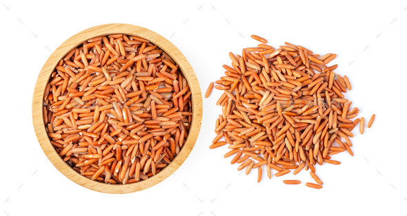 brown rice in wood bowl isolated on white background Stock Photo by spamas