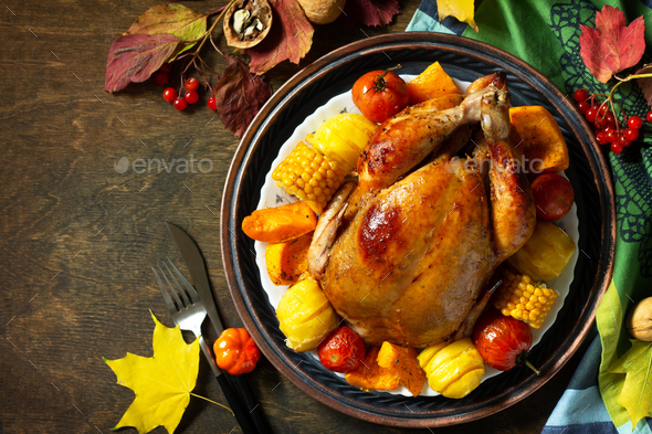 Thanksgiving Day food. Christmas or Thanksgiving turkey, baked harvest ...