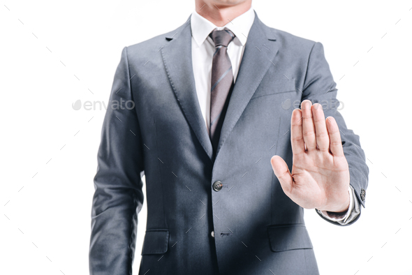cropped image of businessman in suit showing no sign isolated on white ...