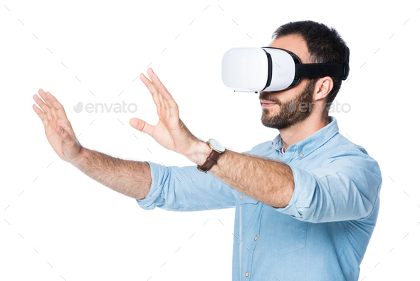 side view of man using vr technology isolated on white Stock Photo by ...