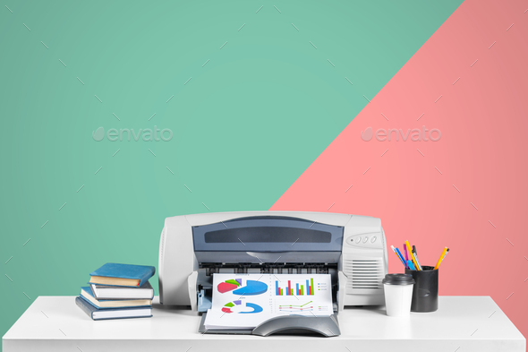 Printer, copier, scanner. Office table Stock Photo by FabrikaPhoto