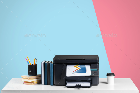 Printer, copier, scanner. Office table Stock Photo by FabrikaPhoto