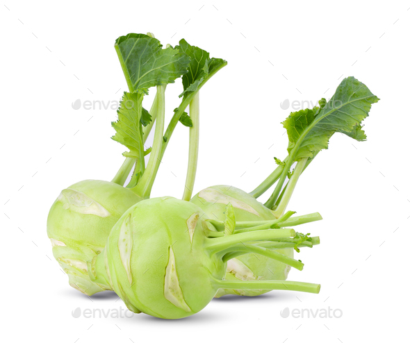 Fresh kohlrabi with green leaves on isolated white backround. full ...
