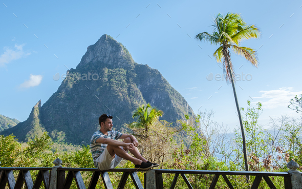 Caucasian men view at the Pitons of St Lucia Saint Lucia, Caribbean ...