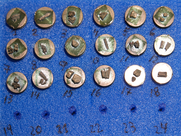 Scanning electron microscope samples on specimen mounts. SEM pins to ...