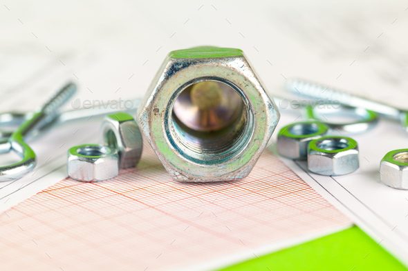 Technical drawings of bolt and nut. Engineering, technology and ...