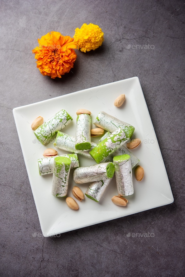 Pista Roll Or Pistachio Rolls Mithai or sigar, Indian sweet or dessert ...