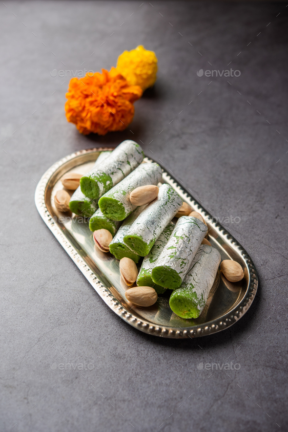 Pista Roll Or Pistachio Rolls Mithai or sigar, Indian sweet or dessert ...