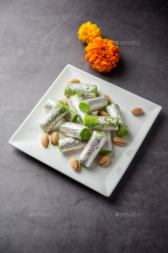 Pista Roll Or Pistachio Rolls Mithai or sigar, Indian sweet or dessert ...