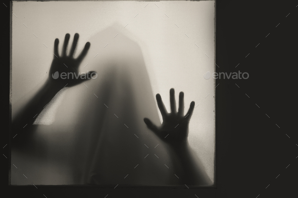Shadowy figure, ghost behind glass - horror background Stock Photo by ...