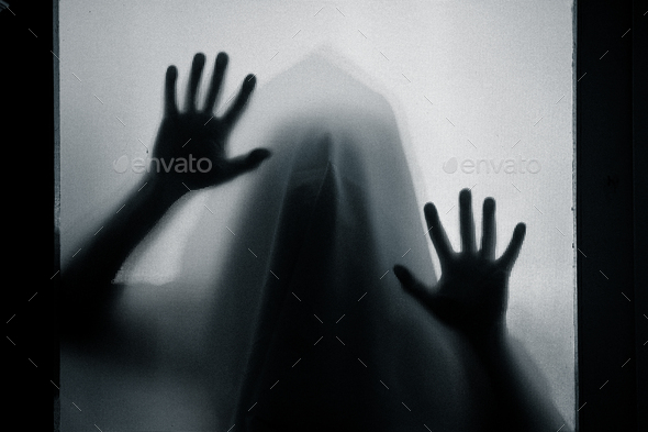 Shadowy figure, ghost behind glass - horror background Stock Photo by ...