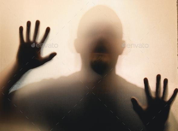 Shadowy figure, man behind glass - horror background Stock Photo by ...