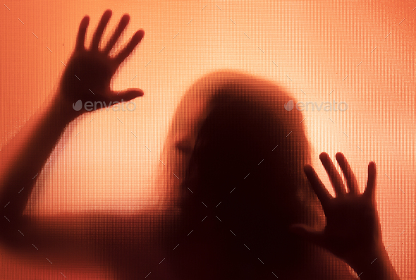 Shadowy figure behind glass - horror background Stock Photo by erika8213