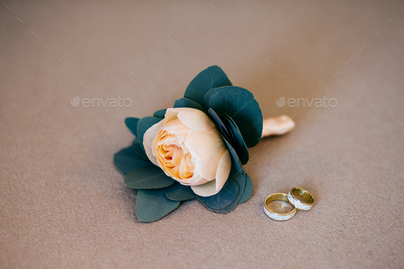 Artificial beige rose and wedding rings lying on white soft background ...