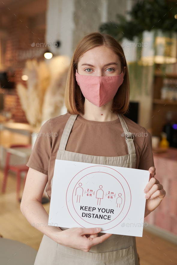 Waitress With Keep Distance Sign Stock Photo by Media_photos | PhotoDune