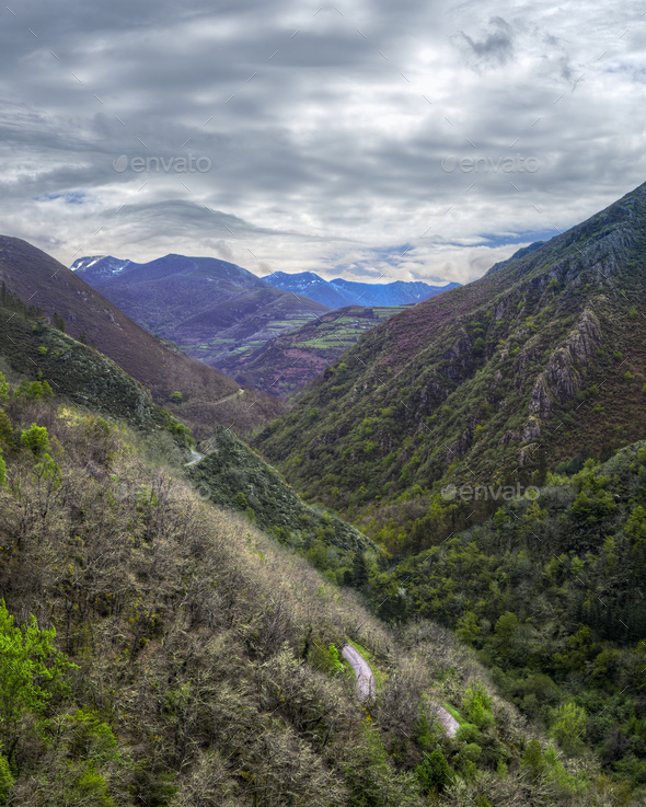 View towards the peaks of the Ancares Range across the Ser river valley ...