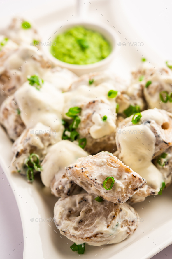 vegetarian soya malai chap made using soya chaap with white creamy ...