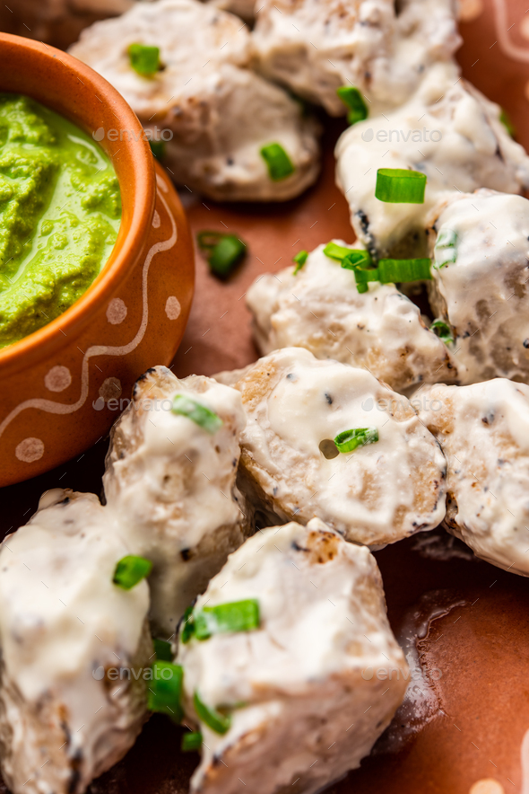 vegetarian soya malai chap made using soya chaap with white creamy ...