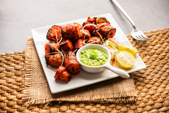 Tandoori Soya Chaap or soy chap dish prepared by marinating in tandoori ...