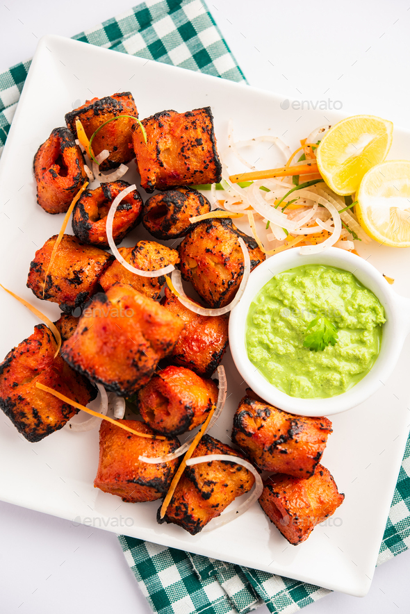 Tandoori Soya Chaap or soy chap dish prepared by marinating in tandoori ...
