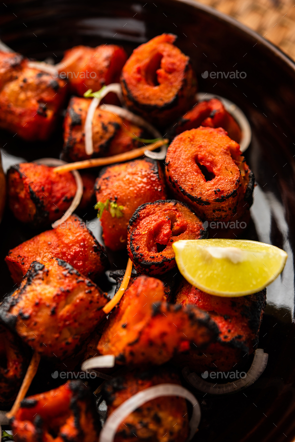Tandoori Soya Chaap or soy chap dish prepared by marinating in tandoori ...