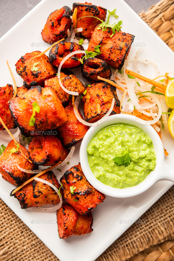Tandoori Soya Chaap or soy chap dish prepared by marinating in tandoori ...